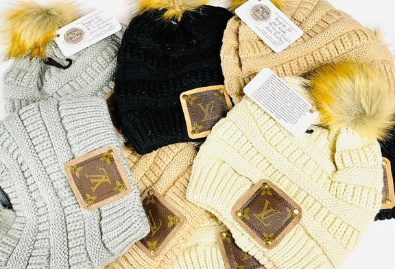 Beanie with LV patch and antique hardware in cream | Patches Of Upcycling